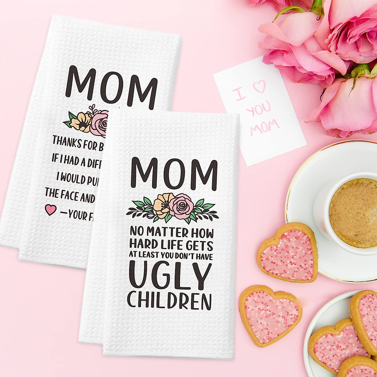 Birthday Gifts for Mom from Daughter, Mothers Day Present for Mom, Best Mom Gifts from Son, Funny Gifts for Mother in Law, 2 Pack Novelty Kitchen Towels for Mom Stepmom