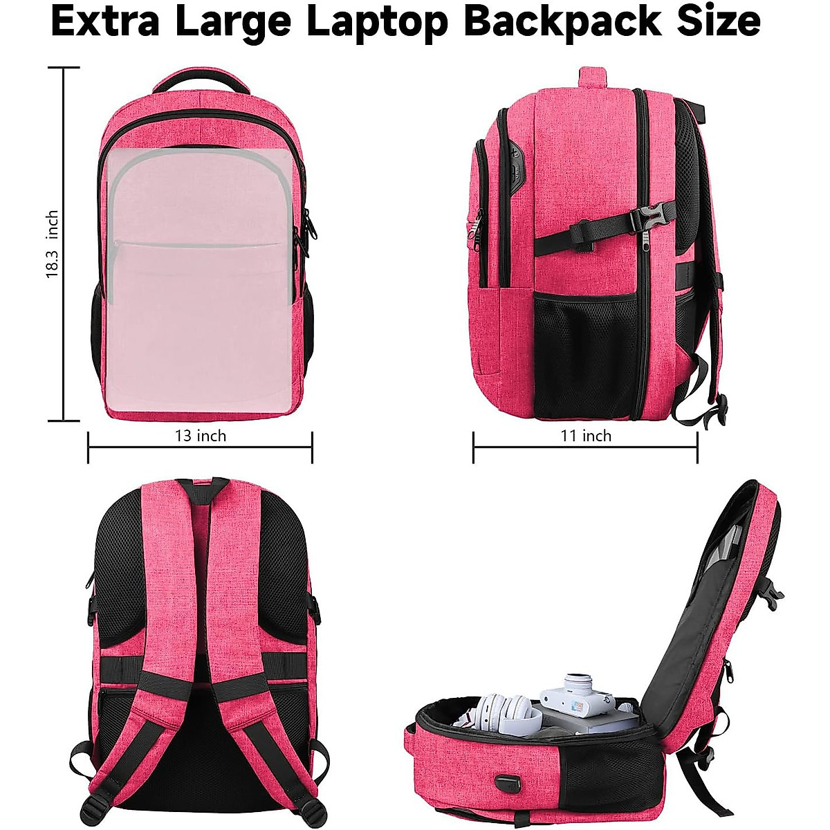 Lapsouno Extra Large Backpack, Carry on Backpack, 17.3 Inch Travel Laptop Backpack, Water Resistant Casual Hiking Daypack, Computer Bag with USB Port, College School Business Backpack for Women, Pink