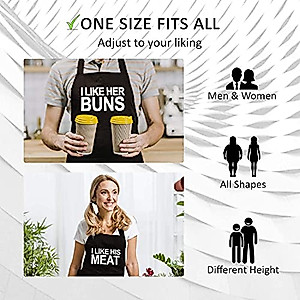 Funny Couple Aprons (2 Pack) & Gift Bag - I Like her Buns, I Like His Meat, Kitchen Couple Apron for Girlfriend, Boyfriend, Best Friend - Birthday, Engagement, Anniversary, Wedding Gift Idea - Forkit