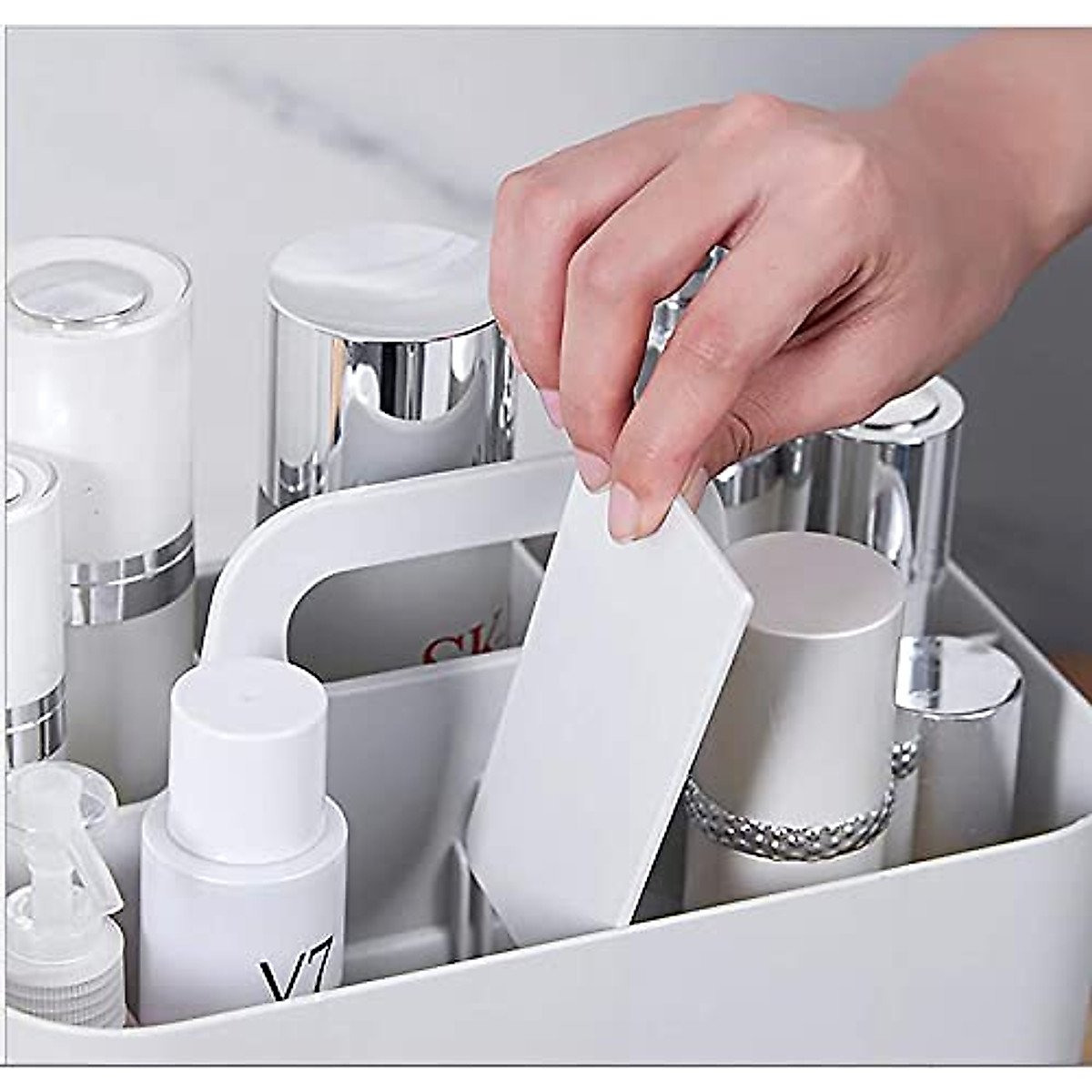 Jucoan 2 Pack Plastic Portable Storage Organizer Caddy Tote, Stackable 5 Slots Divided Basket Bin, Wall Mounted Makeup Organizer Caddy for Bathroom, Dorm Room (Beige, 9.5X 5.75 x4.5 Inch)