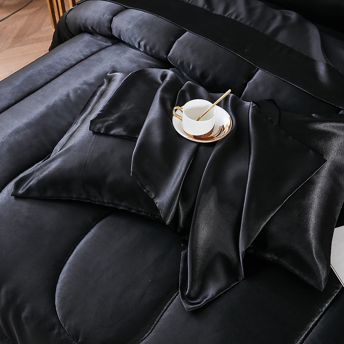 Black Silky Comforter Set Satin Queen Bed in a Bag 8 Pieces Luxury Hotel Silky Bedding with 1 Comforter, 1 Flat Sheet, 1 Fitted Sheet, 4 Pillowcases, 1 Cushion Cover (Queen, Black)