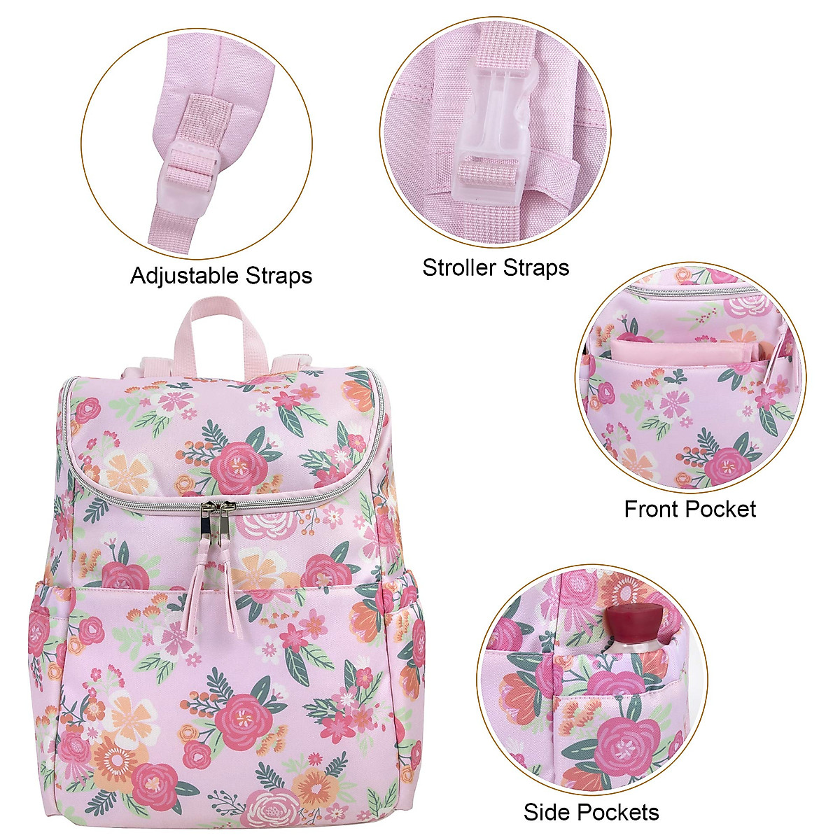 Multi-Function Floral Diaper Backpack and Travel Nappy Baby Bag with Changing Pad and Stroller Straps (Pink Floral)