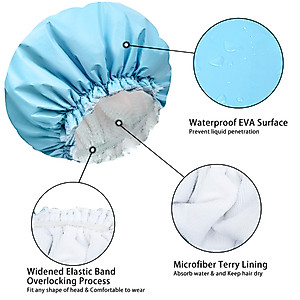Shower Caps for Women, Terry Cloth Lined EVA Exterior Elastic and Reusable Bath Caps, Double Waterproof Layers Shower Cap, Bathing Shower Caps, Environmental Protection Bath Hair Cap - Blue