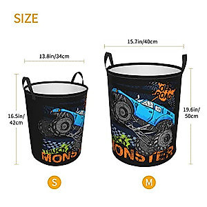 Gbuzozie Monster Truck Print Round Laundry Hamper Storage Basket Toys Clothes Organizer Bin For Home Bathroom Bedroom Dorm Nursery, 38l