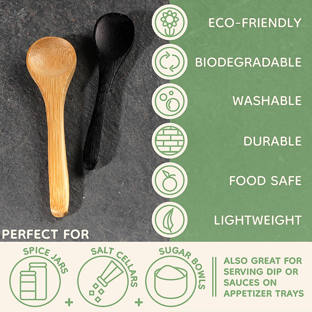 BambooMN Bamboo Black Serving Spoons, Mini Salt Spoon/Tiny Wooden Spoons for Spices, 10pcs Black Oval 3.5"