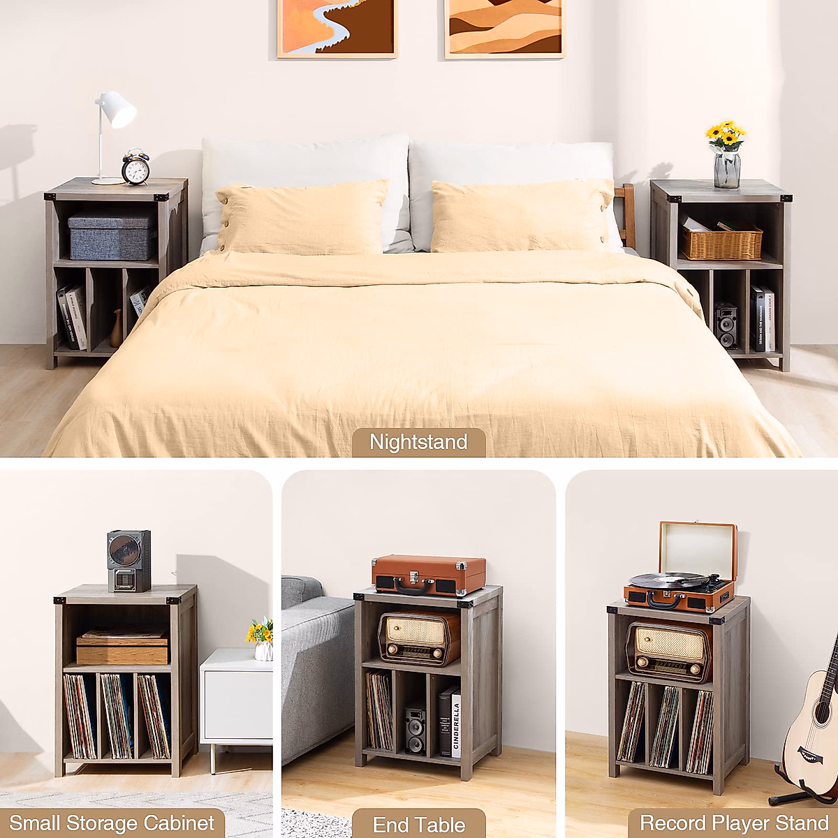 SICOTAS Record Player Stand with Vinyl Record Storage Turntable Stand Table Cabinet with Shelf End Table Night Stands Bed Side Table Nightstand Stereo Cabinet for Living Room Bedroom Office