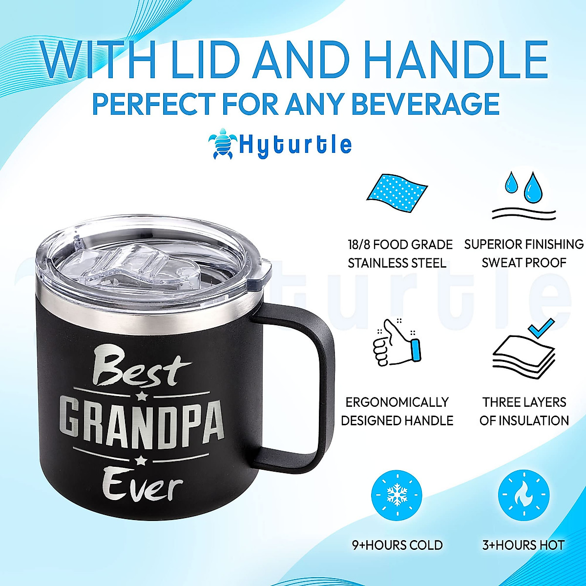 HYTURTLE Best Grandpa Ever Coffee Black Mug/Tumbler 14oz Stainless Steel Gift For Dad Grandpa Men On Fathers Day, Birthday, Christmas