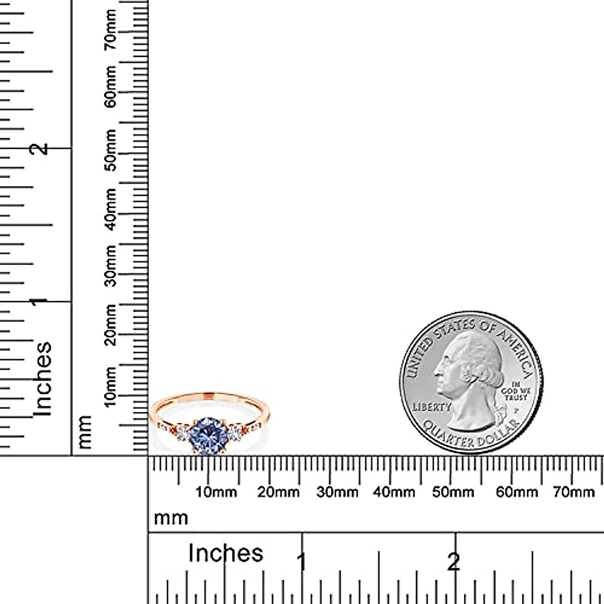 Gem Stone King 10K Rose Gold 6MM Round Gemstone Birthstone White Created Sapphire and White Diamond Accent 3-Stone Engagement Ring | Three-Stone Wedding Anniversary Promise Ring For Women