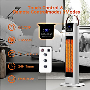 Halybau 24" Tower Ceramic Space Heater with Remote, Digital Thermostat, 1500W PTC Ceramic Heater with Overheat Protection, 3 Modes, 120°Oscillation, Portable Electric Heater, Fast Quiet Heating