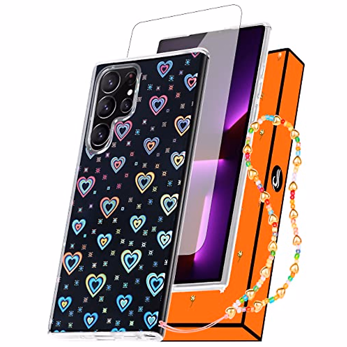 Shorogyt Holographic Heart Case for Samsung Galaxy S22 Ultra 5G/4G 6.8 inch Cute Clear Love Hearts Cases Glitter Laser Bling Women Girls Aesthetic Design Cover+Screen+Chain for 22 Ultra 6.8”(3in1)