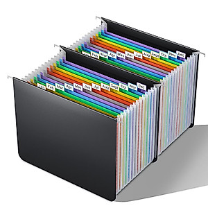 Plastic Expanding Hanging File Folders Letter Size,26 Expandable Pockets,Colored Alphabetical A-Z Tabs,Innovative Accordion Hanging Folder for Filing Cabinet,Fun Storage Office Supplies,Black Rainbow