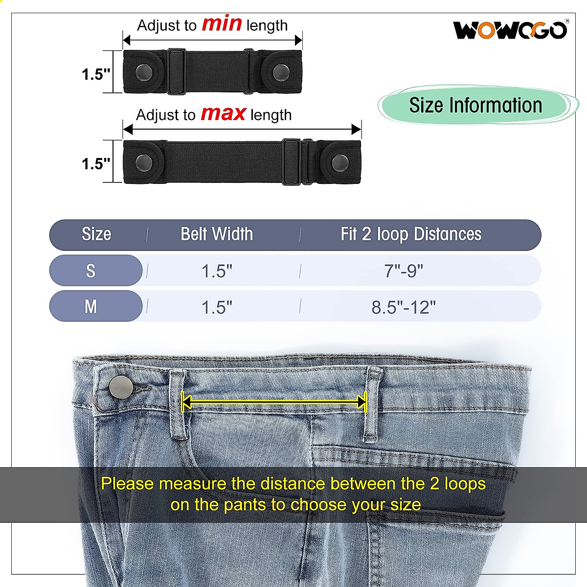 WOWOGO 2 Pack No Buckle Belts for Men Women Side Belt Elastic Stretch Adjustable Invisible Belt Fits 1.5 Inch Belt Loops
