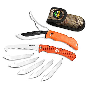 OUTDOOR EDGE RazorPro Double Blade Folding Hunting Knife & Filp N' Zip Bone Saw - Hunting Knife Features a Gutting Blade & Replaceable RazorSafe Skinning Blade. Includes Camo Nylon Sheath