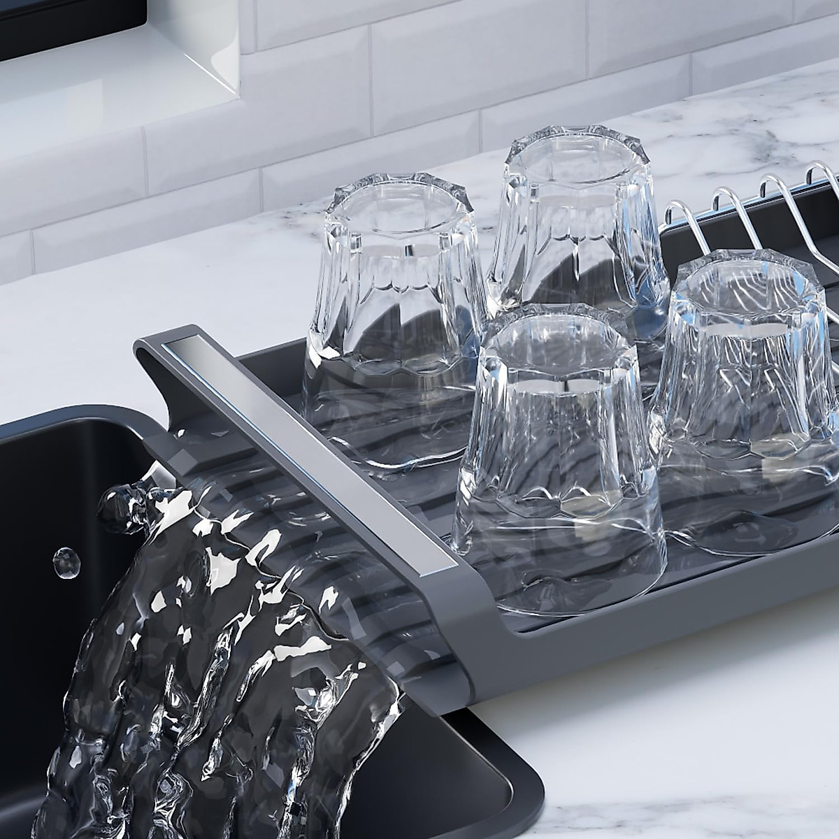 TOOCA BEAR Expandable Small Dish Drying Rack, Dish Racks for Kitchen Counter Dish Drainer with Removable Cutlery Holder, Dish Racks for Sink, Grey