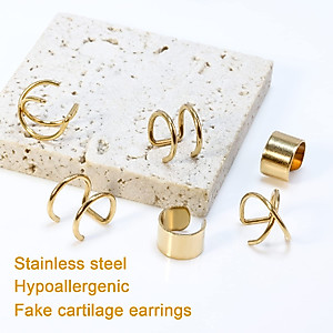 DAILI Gold Cuff Earrings for Women, Trendy Cute Ear Cuff Set Non Piercing Fake Helix Cartilage Huggie Cross Cuff Earrings, 14K Gold Plated Hypoallergenic Simple Double Lines Ear Cuff Earrings (6pcs) (Gold - 6pcs)
