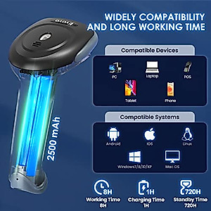 Eyoyo Barcode Scanner, 2500mAh Wireless Barcode Scanner for Inventory, Cordless Vibration Bluetooth Barcode Scanner, Handheld 2D Barcode Scanner Qr Code Scanner for Phone Laptop Tablet and Computer
