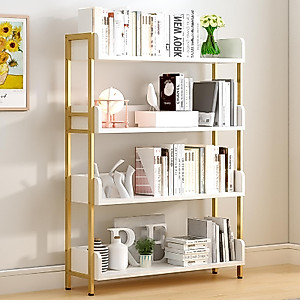 OSCHF Wide Open Shelf Bookcase - Modern 4-Tier Floor Standing Display Bookshelf with Three-Side Baffles for Home and Office, Storage Shelving in Warm White with Gold Frame