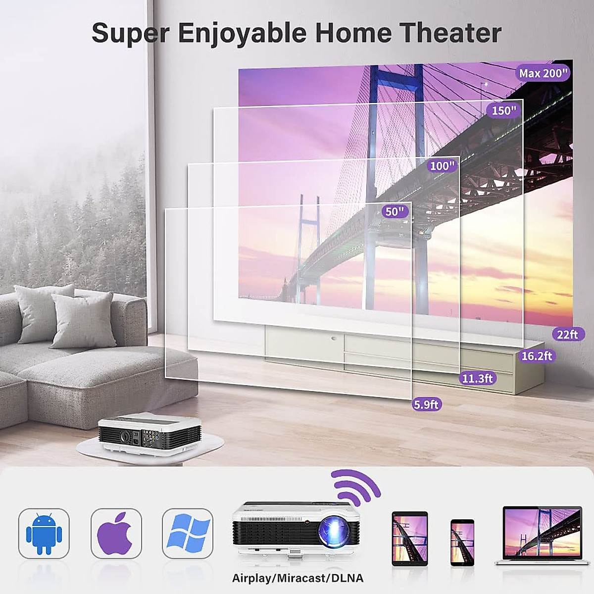 WiFi Projector for iPhone,CAIWEI 1080P Full HD Projector,8000Lumen Android Bluetooth Projector with Digital Zoom&4D Keystone,Smart Movie Projector Compatible with PS5/PC/DVD/TV Stick/Xbox//HDMI/USB