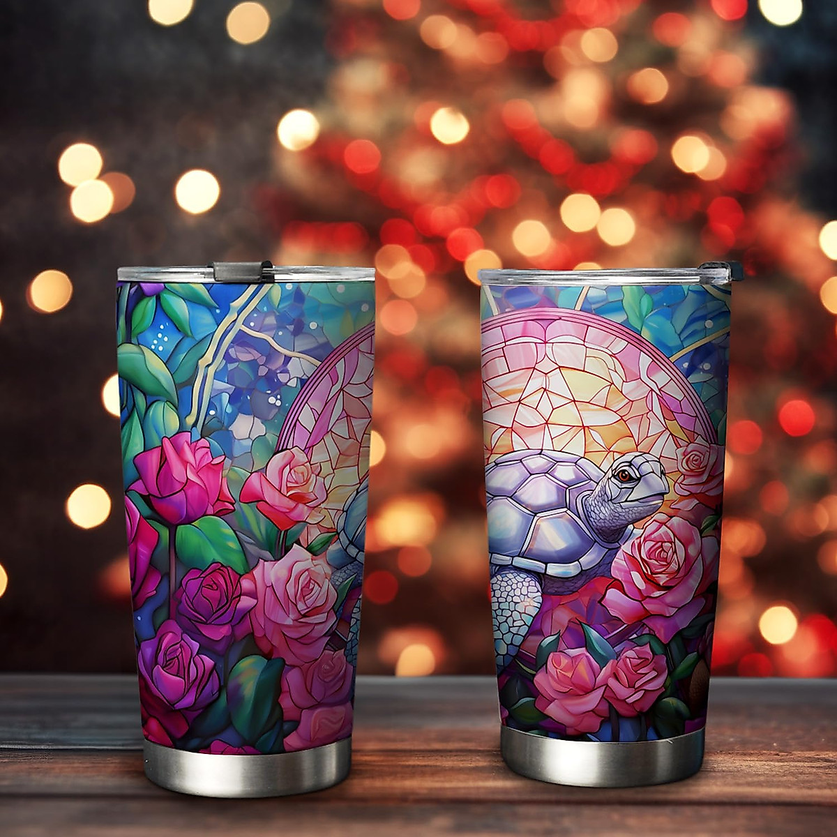 20oz Stained Glass Flower Sea Turtle Tumbler, Gifts for Turtle Lovers, Ocean, Beach Gifts, Coffee Thermos for Women, Stainless Steel Double Wall Vacuum Insulated Coffee Mug, Travel Cup with Lid