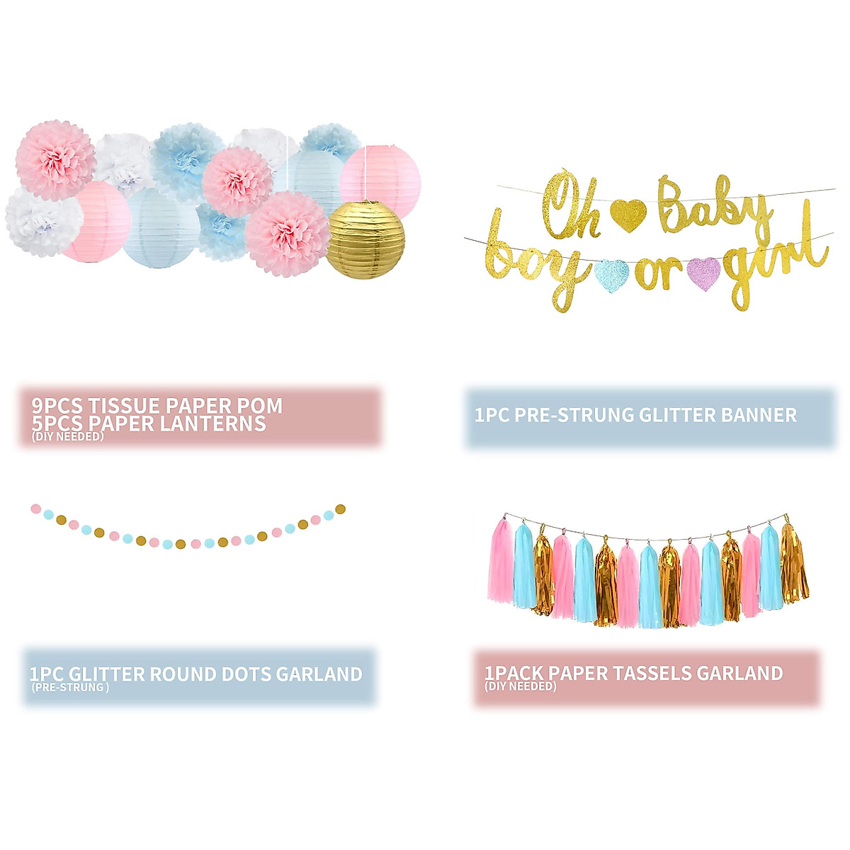 Kiwayo Baby Gender Reveal Party Decorations Supplies Kit Blue & Pink- Boy or Girl Banner, Tissue Paper Poms, Paper Lanterns, Circle Dot Garland, Tassels Garland- Gender Reveal Ideas Boy Or Girl