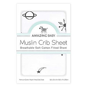 Amazing Baby Cotton Muslin Fitted Crib Sheet, Space, Soft Black , 52x28x6 Inch (Pack of 1)