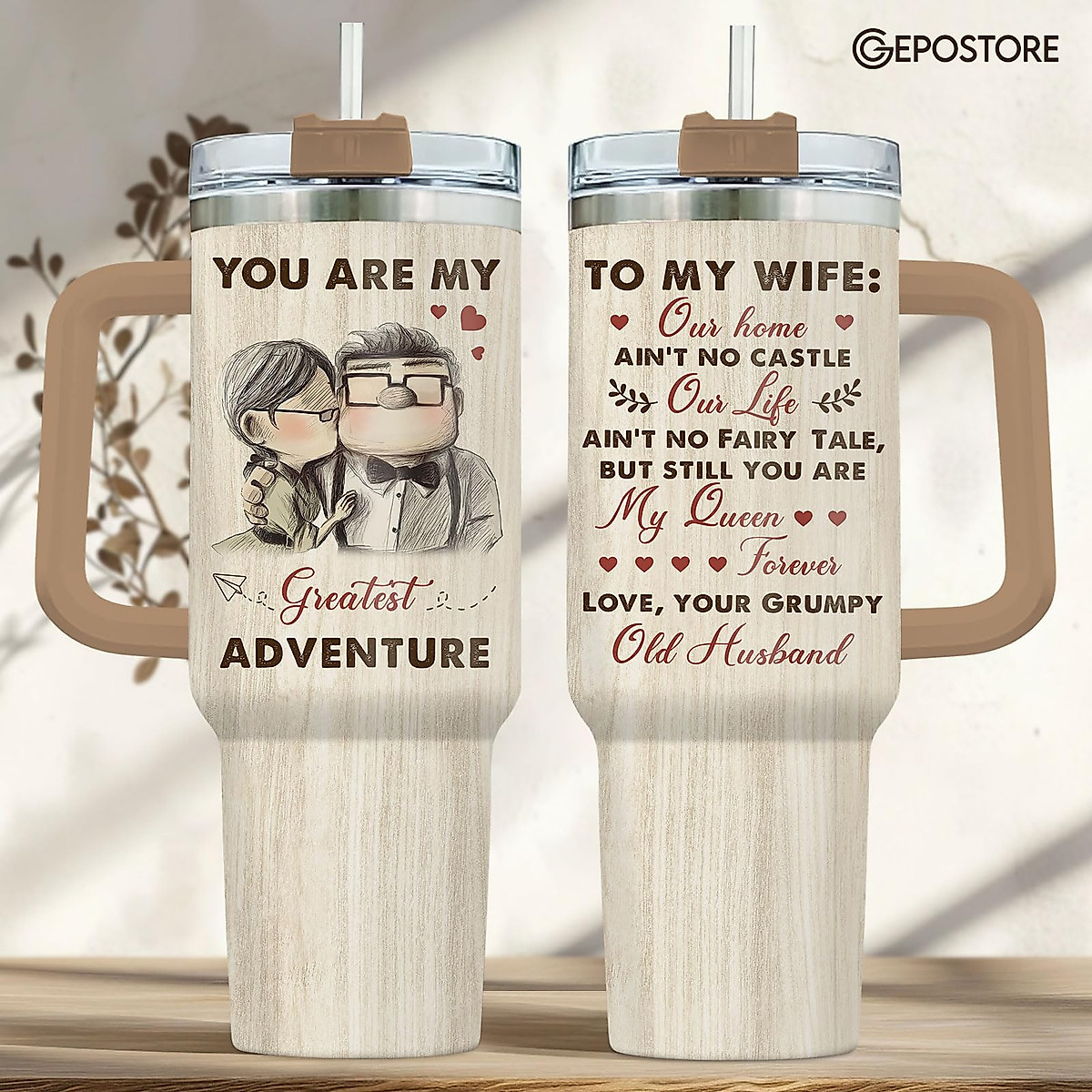 GEPOSTORE Valentines Day Gifts for Wife Husband, Old Couple 40 Oz Tumbler with Handle, To My Wife Valentines Cup, Cartoon Movie Characters Mug, Gifts for Movie Lovers