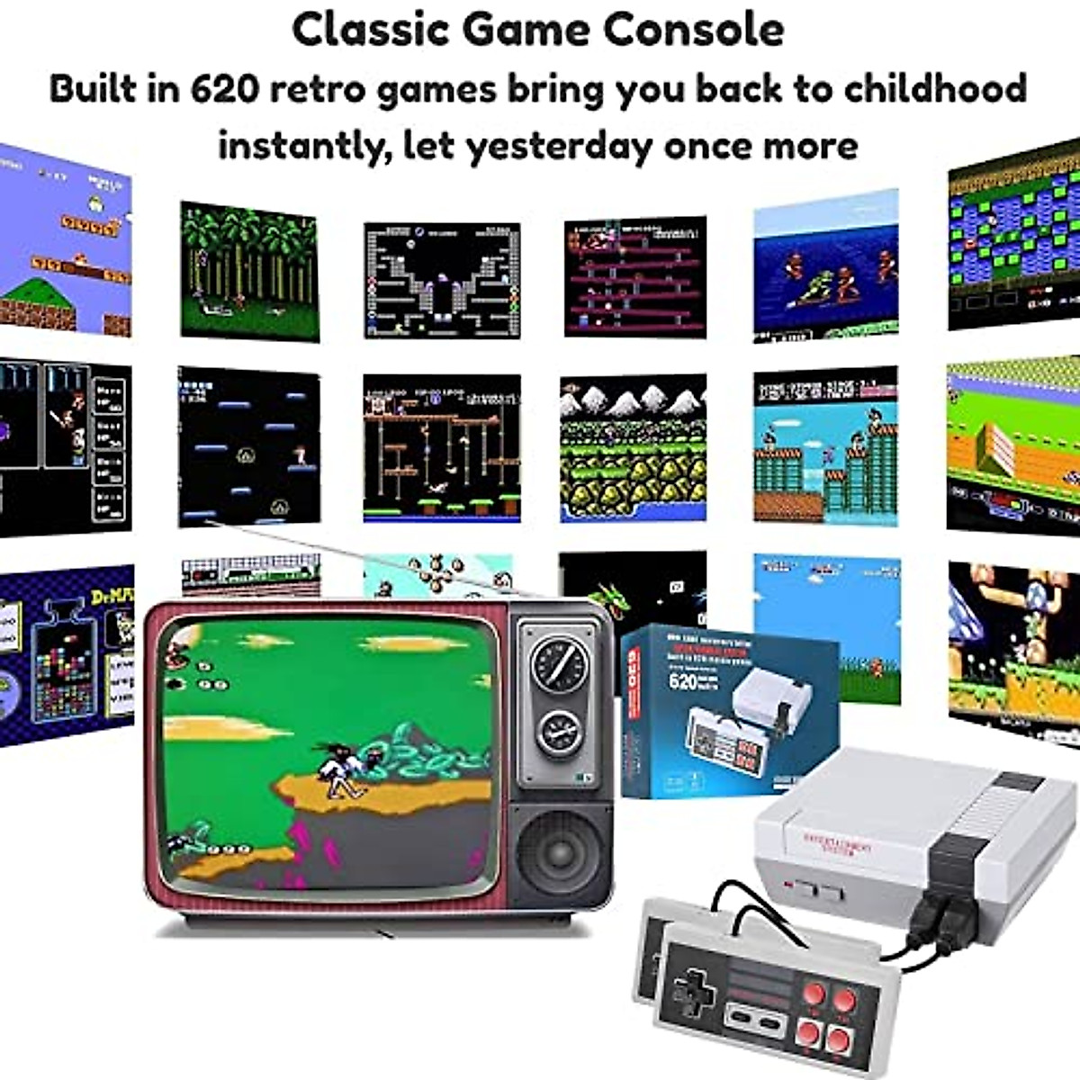 Retro Classic Game Console,Classic Video Games System Built-in 620 Games and 2 Classic Edition Controllers,Av Output Plug and Play,Retro Toys
