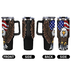 USA Flag Patriotic Eagle Insulated Stainless Steel Travel Mug, 40 Oz Tumbler with Handle And Straw Double-Wall Vacuum Coffee Cup, Leak-Proof Lid, Keeps Drinks Hot/Cold for Hours