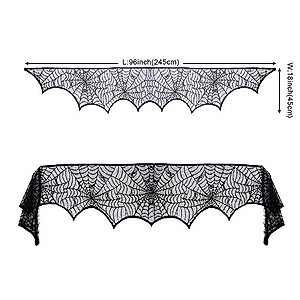 3AB Halloween Fireplace Decoration, Black Lace Spiderweb Fireplace Mantle Scarf, 18 x 96 inch Cobweb Fireplace Scarf for Halloween Party Decorations
