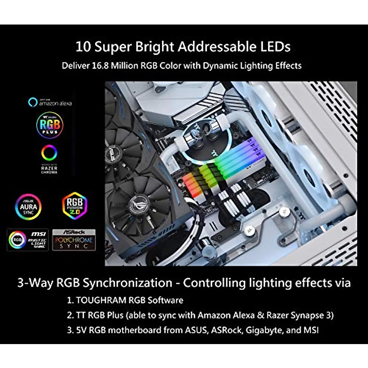 Thermaltake TOUGHRAM RGB White DDR4 3600MHz 16GB (8GB x 2) 16.8 Million Color RGB Alexa/Razer Chroma/5V Motherboard Syncable RGB Memory R022D408GX2-3600C18A
