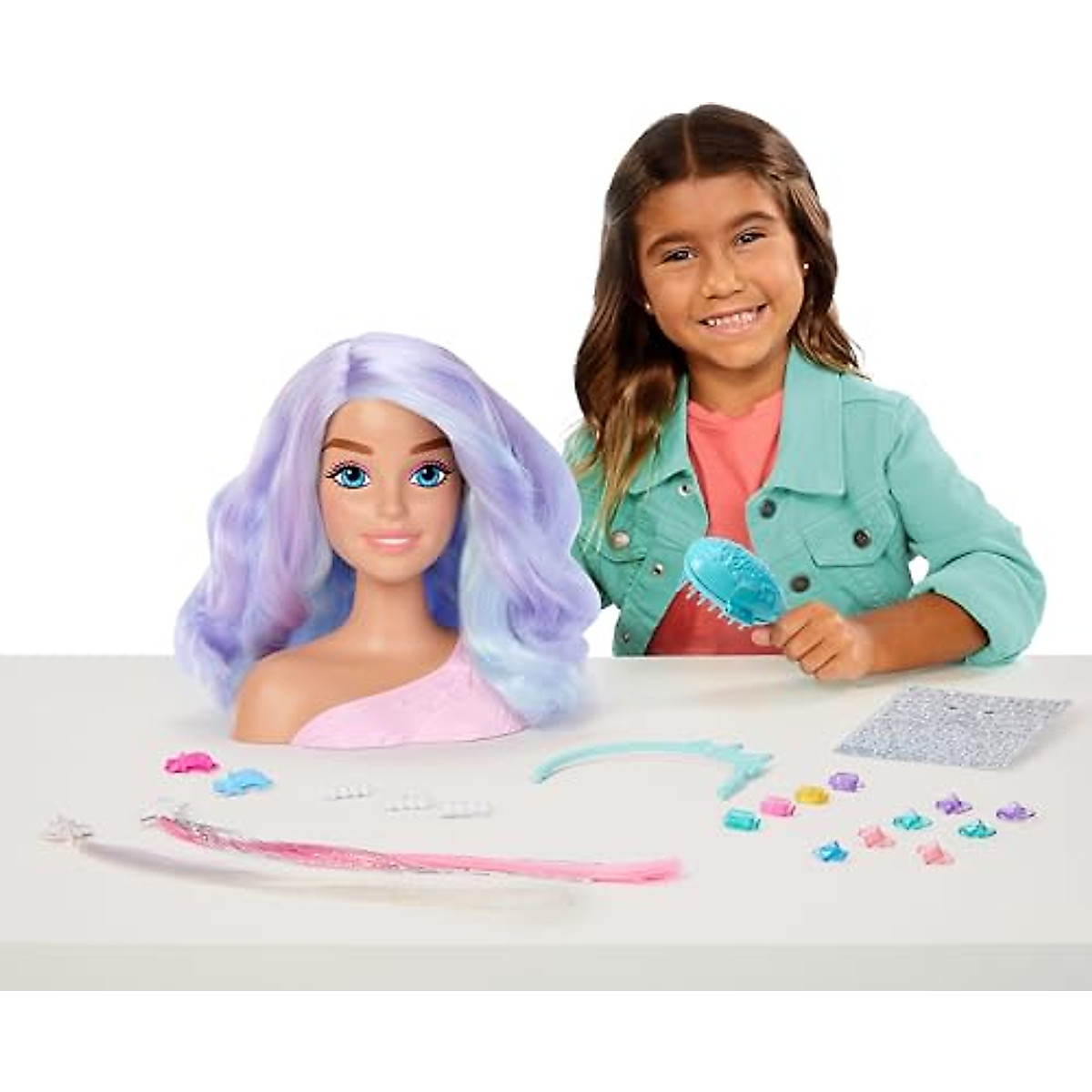 Barbie Doll Head for Hair Styling, Pastel Fantasy Hair with 20 Fairytale-Inspired Accessories Including Shimmer Stickers