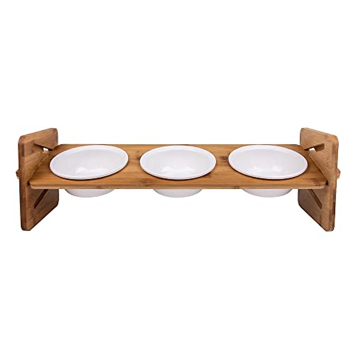 HATELI Elevated Adjustable Raised Dog Cat Ceramic Bowls, Small Dog 15° Tilted Raised Food Feeding Dishes, Solid Bamboo Water Stand Feeder Set for Cats and Puppy(3 Bowl)