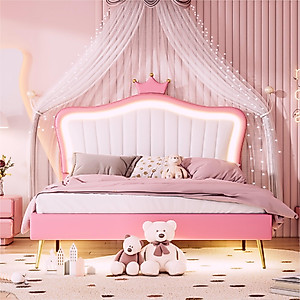 CKLMMC Cute Queen Size Upholstered Princess Bed with Crown Headboard, Modern Upholstered Bed Frame with LED Lights, No Box Spring Required (White+Pink/Princess1)