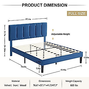 VECELO Full Size Bed Frame, Upholstered Platform Bedframe, Adjustable Headboard, Wood Slat Support, No Box Spring Needed, Easy Assembly, Blue