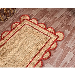 2x3, 2x4, 2x5, 2x6 Ft, Braided Scalloped Jute Rug, Red Scallop Rug, Boho Rug, Natural Jute Rug, Bohemian Rug, Jute Area Rug, Handwoven Jute Rug, Custom Size Rug (2x3 Ft, Area Rug)