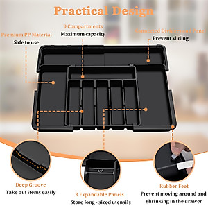 Spaclear Silverware Organizer Expandable Kitchen Utensil Drawer Organizer Large BPA Free Adjustable Cutlery Silverware Tray for Spoons Forks Knives Storage Divider for Kitchen Flatware 6-9 Slots Black