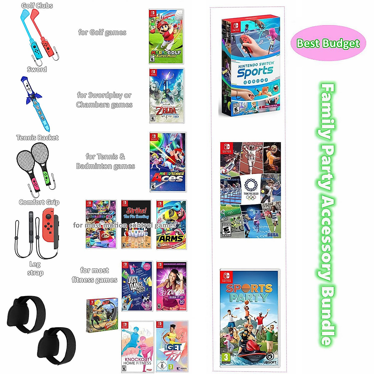 Ermorgen Switch Sports Accessories Bundle, 9 in 1 Kit for Switch & Switch OLED, Joycon Grip for Sport Game, Leg Straps & Wrist Strap, Tennis Badminton Rackets, Golf Club and Sword Controller