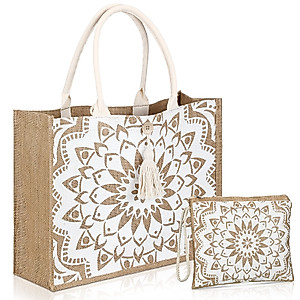 Buryeah 2 Pcs Large Beach Bag Burlap Jute Tote Bag for Women Straw Cute Beach Tote Jute Tote Handbags Reusable Grocery Bag for Mother Teacher Wedding Shopping Travelling Gym