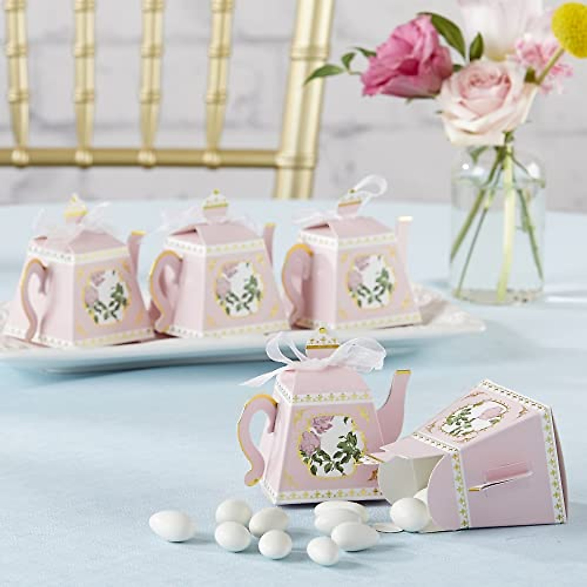 Kate Aspen, Tea Time Whimsy Collection, Teapot Tea Party Favor Box (Set of 24), One Size, Pink & Gold Foil (28592PK)