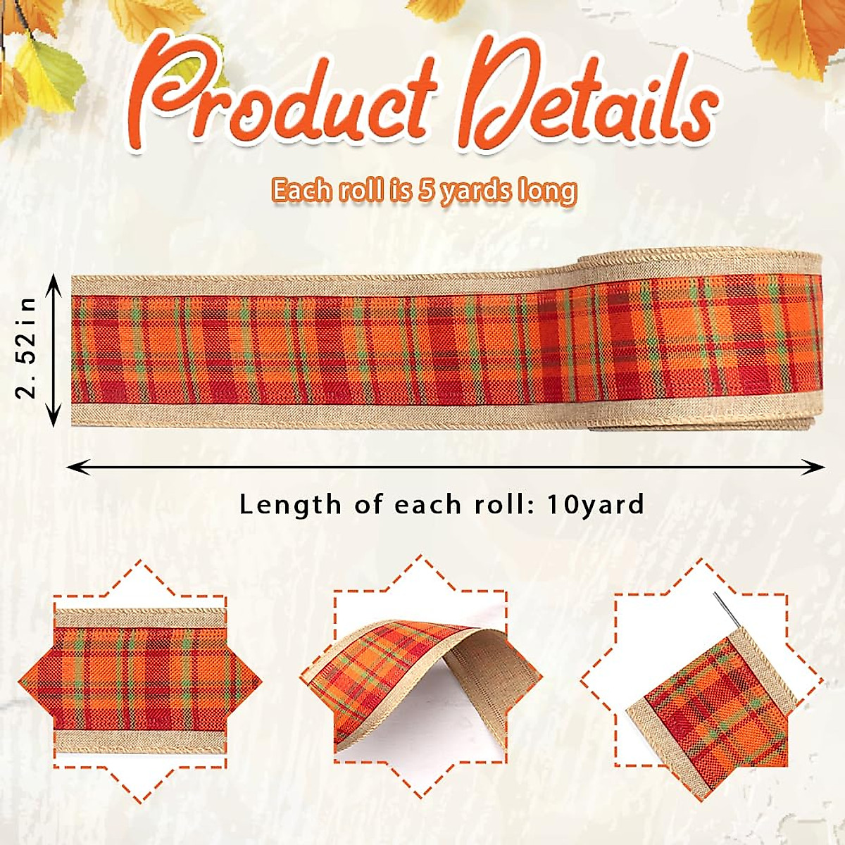 Estivaux Fall Ribbons for Crafting, Thanksgiving Wired Edge Ribbon Orange Buffalo Plaid Craft Ribbons Autumn Farmhouse Burlap Ribbon for Gift Wrapping Fall Thanksgiving Decorations Supplies