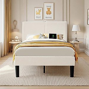 VECELO Twin Bed Frame with Type-C & USB Ports, Upholstered Platform Height-Adjustable Cotton and Linen Headboard, No Box Spring Needed, Noise-Free, Easy Assembly, Beige