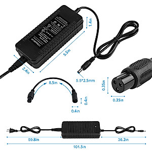 42V 2A Charger Power Adapter DC 1-Prong Connector with 3 Prong 8mm Converter for 36V Li-ion Battery Charger Compatible with Gotrax APEX Cityscape Ebike