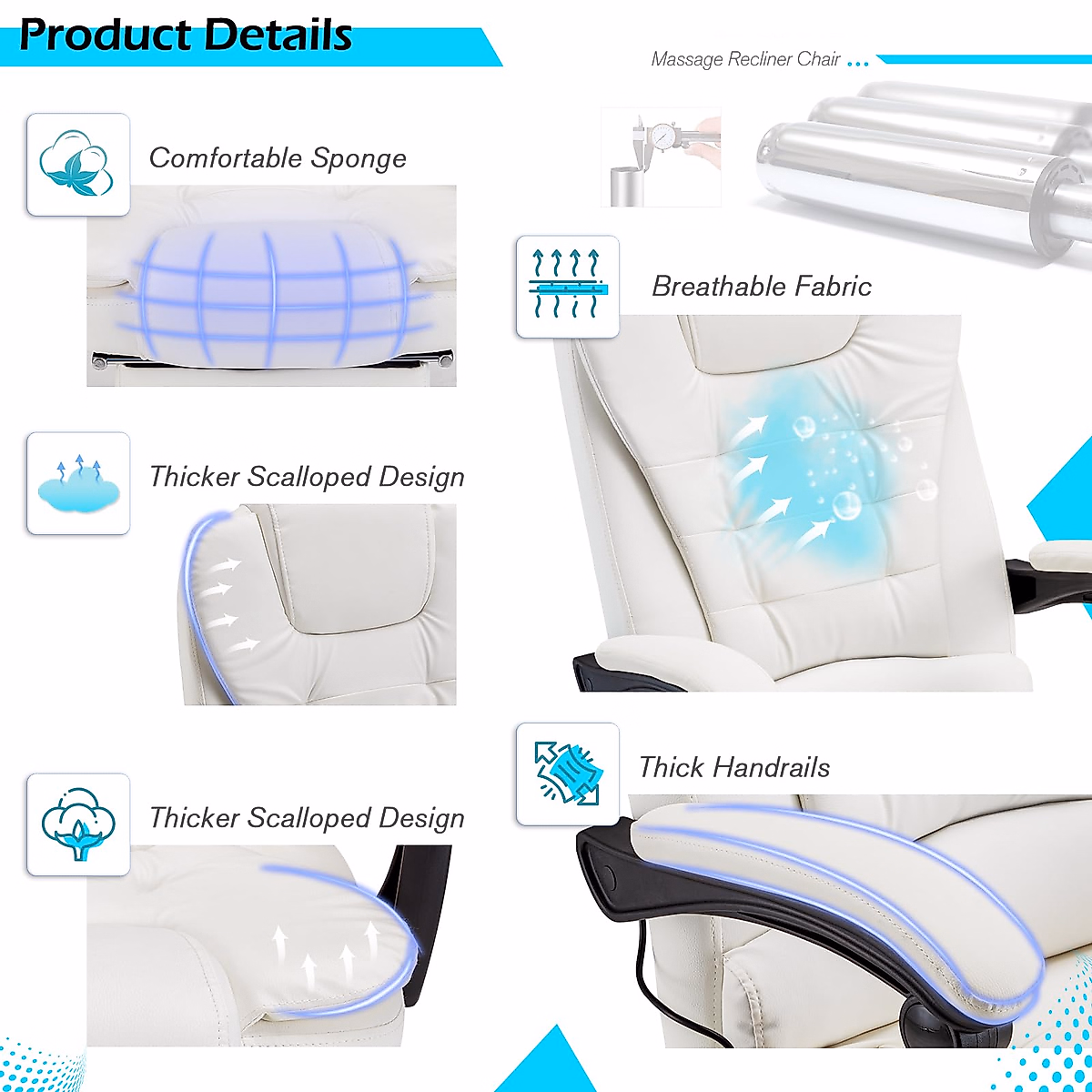 YODOLLA Executive Office Chair with 7 Points Massage&Heat Function, High Back Office Chair w/Footrest Reclining Swivel Home Office Chair, PU Leather Desk Chair, White