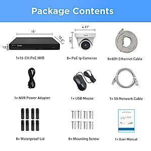 PANOOB 4K Wired POE Security Camera System, 16 Channel NVR 4K with 4TB HDD, 8PCS 4K Surveillance PoE IP Cameras Wired with Person Vehicle Detection,Built-in Micphone,100Ft IR NightVision, PD0816-4K