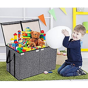 YOLOXO 2 Pack Large Kids Toy Box Chest Storage Organizer with Flip-Top Lid Dark Grey+Beige