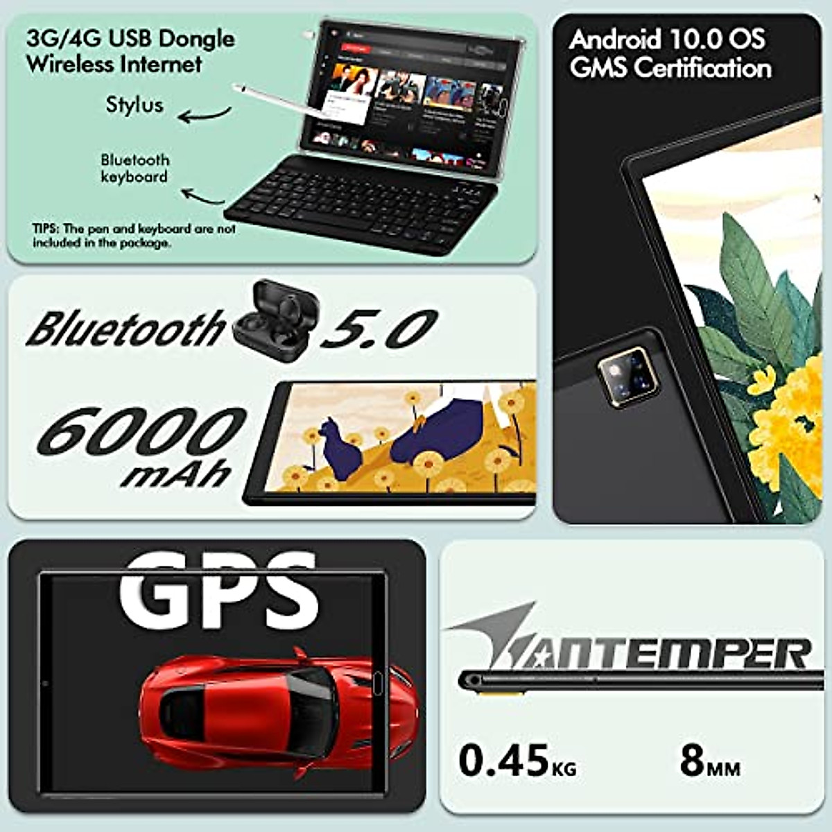 Android 11.0 Tablet 10 Inch Tablets with 4G RAM+ 64GB ROM, 13MP & 5 MP Camera, Quad Core, 6000mAh Battery, 128GB Expand Storage, Touchscreen, Bluetooth/GPS/FM/OTG/GMS/Google Certified (Black)