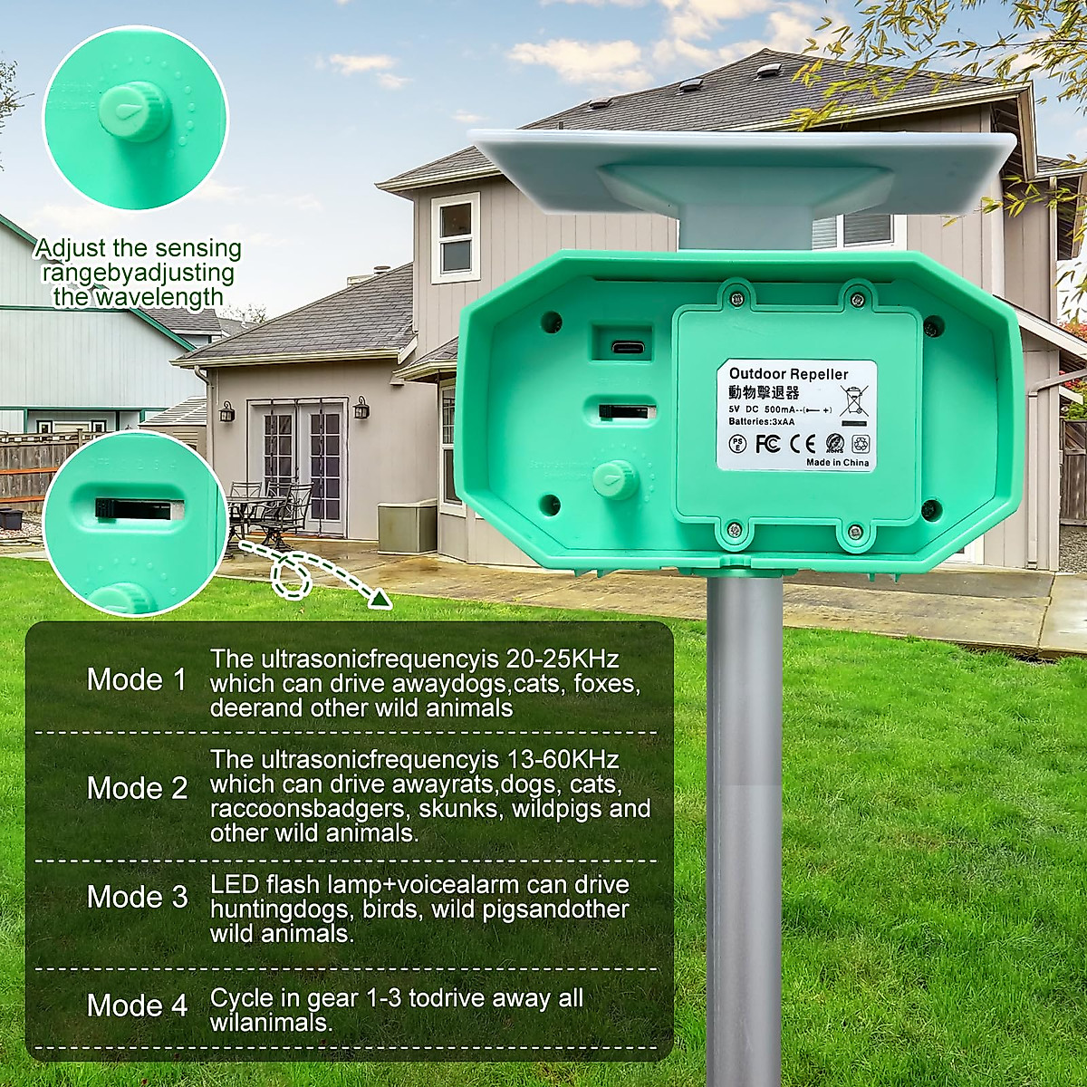 Upgraded Solar Ultrasonic Animal Repeller, Dog Outdoor, Cat Repeller for Squirrel, Raccoon, Skunk, Rabbit, Fox, Deer, Bird etc with Motion Detection, LED Flashing Light 028-2