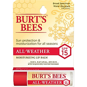 Burt's Bees All Weather SPF 15 Lip Balm, Water-Resistant Lip Moisturizer, Tint-Free, Natural Conditioning Lip Treatment, 1 Tube, 0.15 oz.