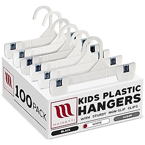 Mainetti 1004 White Kids Plastic Hangers - 100 Pack with Sturdy Plastic, Great for Pants/Skirts/Slacks/Bottoms, 8-Inch