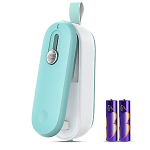 FEPPO Mini Bag Sealer, 2 in 1 Bag Sealer Heat Seal with Cutter and with Lanyard, Mini Bag Resealer Machine for Plastic Bags Snack Bags Food Storage (Batteries Included)